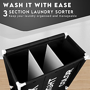 ZOES HOMEWARE Laundry Sorter 3 Section, 170L Laundry Cart with 3 × 15 Gal Compartment Laundry Hamper, Divided Laundry Separator, Laundry Basket Organizer, Black Laundry Hamper on Wheels