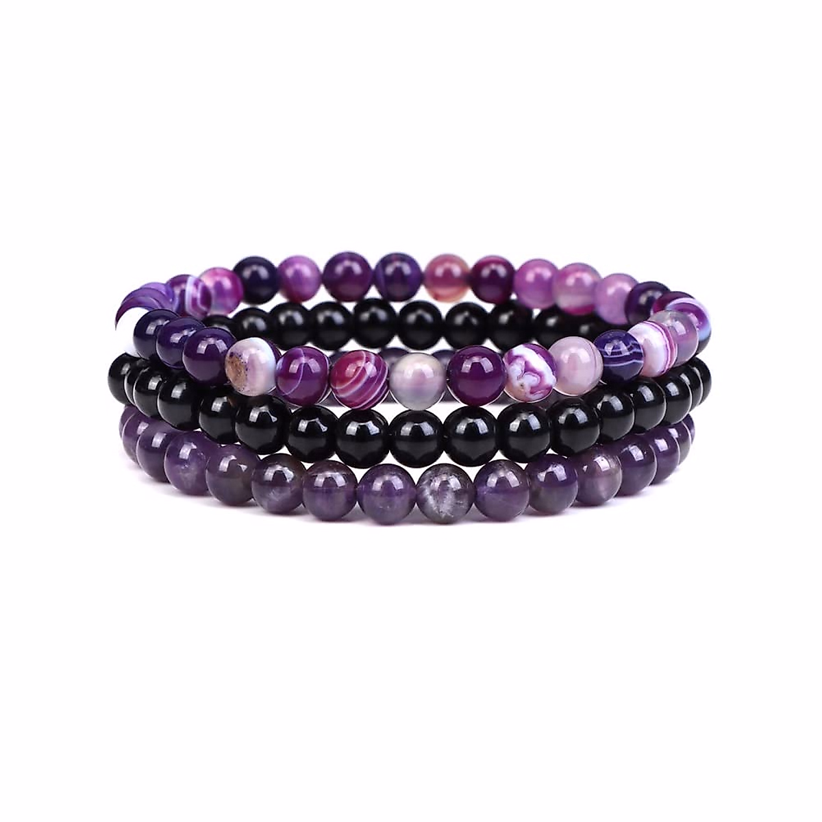 3Pcs 8mm Semi-Precious Gemstones Beaded Bracelets for Women Men Healing Crystal Stone Bracelet Stress Relief Stretch Round Beaded Elastic Luck Bracelets Unisex Friendship Jewelry Gifts-purple