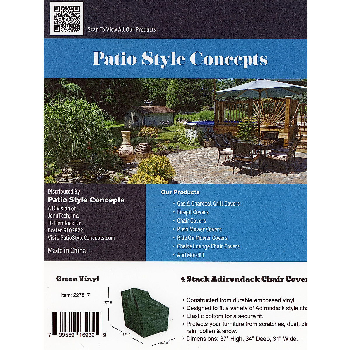 2 Pack: Adirondack Chair Cover from Patio Style Concepts Embossed Vinyl Protect Patio Furniture Green