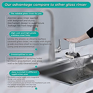 Glass rinser for kitchen sink, cup washer for sink with stainless steel upgraded powerful 360°washing for home bar hotel restaurant office(Brushed nickel)
