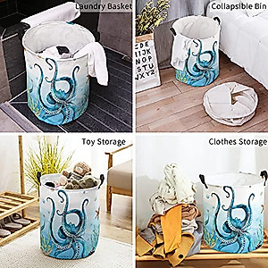 Octopus Laundry Hamper Large Waterproof Lightweight Collapsible Storage Basket, Toy Dirty Clothes Organizer for Bedroom Office Dorm, Boys and Girls - Blue Octopus Ocean Marine Life Theme