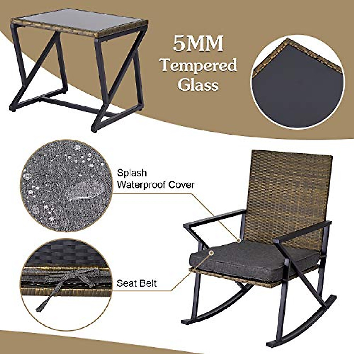 3-Piece Rattan Rocker Chair Outdoor Garden Bistro Set Rocking Chair Wicker Lounge with Cushion and Coffee Table (Dark Grey)
