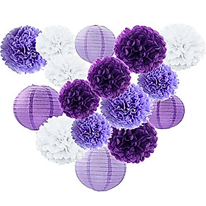 16Pcs of Tissue Paper Pom Poms Mixed Paper Lanterns Craft Kit, Suitable for Lavender Purple Theme Party/ Baby Shower /Birthday Party Decoration/Bridal Shower/Wedding Party Decoration （Purple）