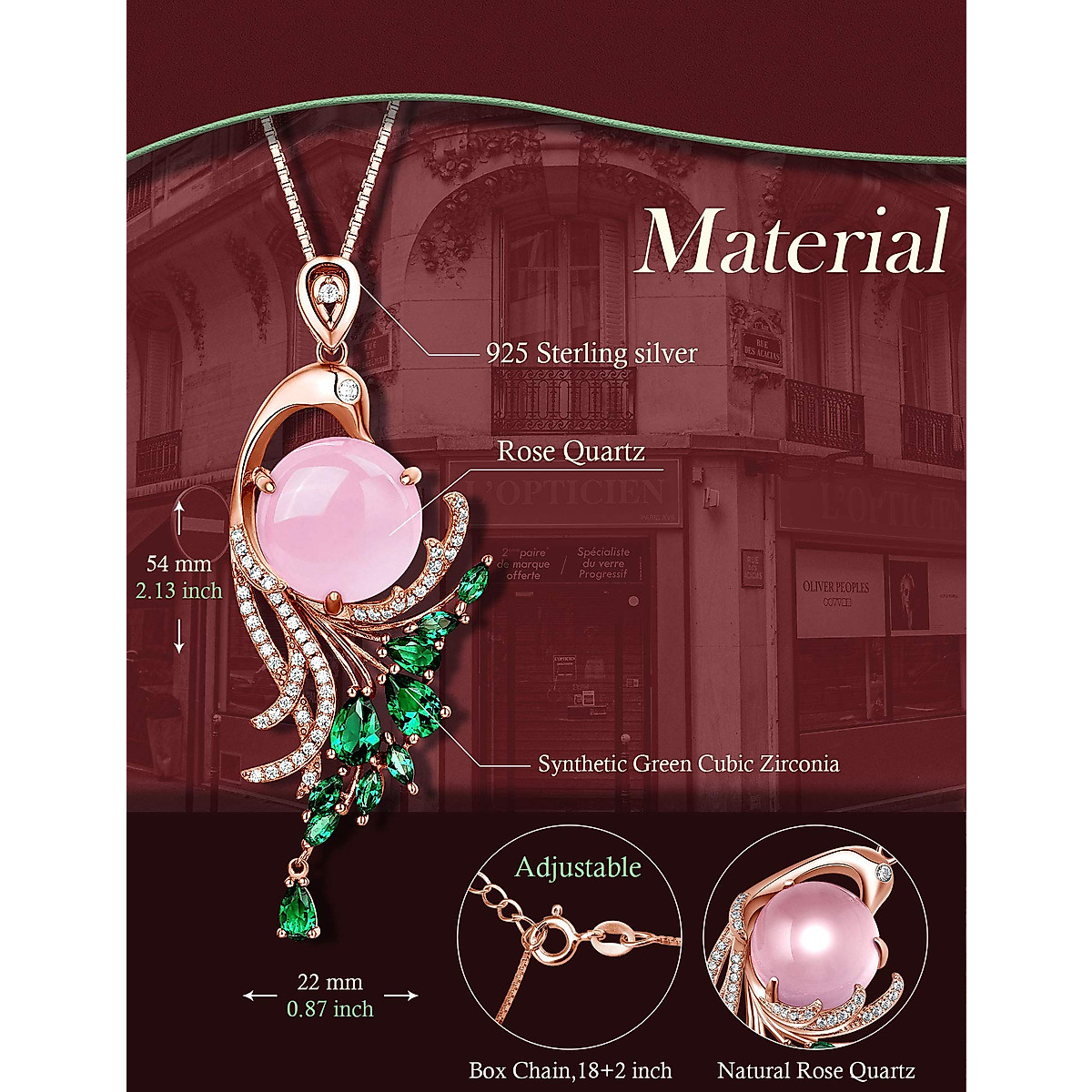 HXZZ Fine Jewelry Natural Gemstone Rose Quartz Sterling Silver Pendant Necklace Birthstone Anniversary Birthday Gifts for Women Her Mom Mother Wife