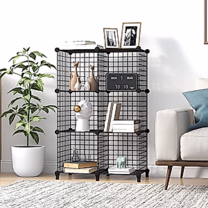 Wolizom Wire Cube Storage, 6-Cube Black Metal Grids Shelves Bookshelf, Stackable Modular Shelving Organizer, DIY Closet Bookcase Bookshelf, Grid Storage Shelf for Bedroom, Living Room, Office