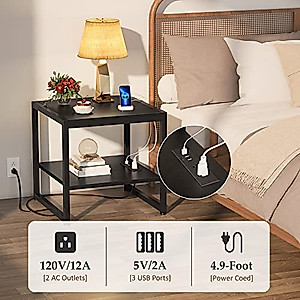 Homieasy End Table with Charging Station, 20 Inch Square Side Table with USB Ports & Power Outlets, Black Nightstand with 2-Tier Storage Shelf, Mini Fridge Stand for Small Spaces, Black