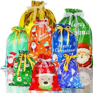 28 PCS Christmas Drawstring Gift Bags, Santa Gift Bags Wrapping Bags with Ribbon Tie, Large Medium Small Sizes, and 8 Designs for Xmas Holiday Presents and Christmas Party Supplies