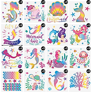 144 Pieces Mermaid Temporary Tattoos Mermaid Party Favors Mermaid Birthday Party Supplies Mermaid Waterproof Temporary Tattoo Stickers Mermaid Tail Birthday Decorations, 16 Styles