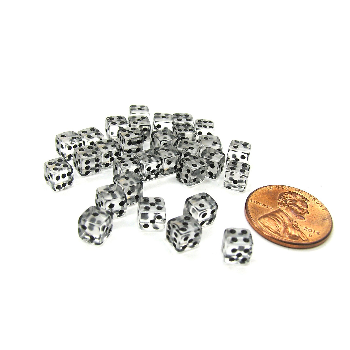 Koplow Games Set of 30 D6 5mm Transparent Rounded Corner Dice - Clear with Black Pips