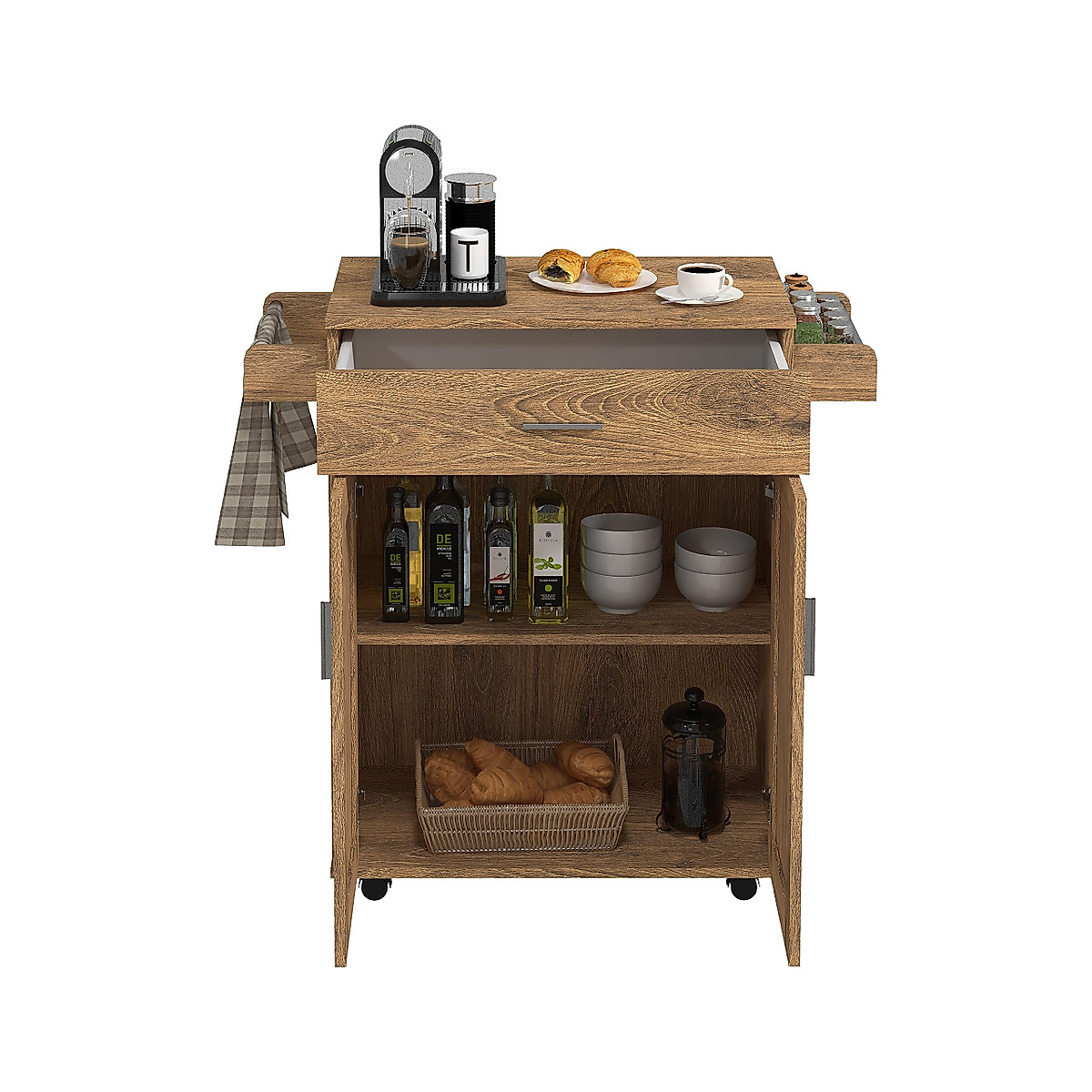 Panana Rolling Kitchen Island, Kitchen Trolley Cart with Spice Rack, Large Drawer, Towel Rack, Storage Pantry Cabinet, Kitchen Cart on Roller Wheels, Dining Room Furniture, Walnut