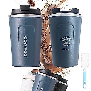 IWANGDS Leak Proof Travel Coffee Mug, Reusable Coffee Cup with Lid, Insulated Coffee Mug with Brush, Stainless Steel Vacuum Tumbler, Keep Hot & Cold, 13oz Mini Thermos with Cat Paw Pattern(Blue*1)
