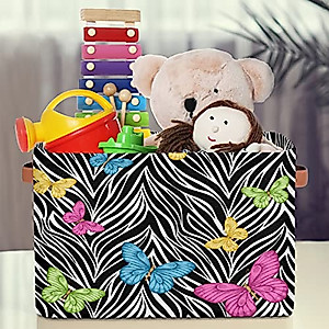 Large Collapsible Storage Bins ,Butterfly Zebra Pattern Decorative Canvas Fabric Storage Boxes Organizer with Handles，Rectangular Baskets Bin for Home Shelves Closet Nursery Gifts