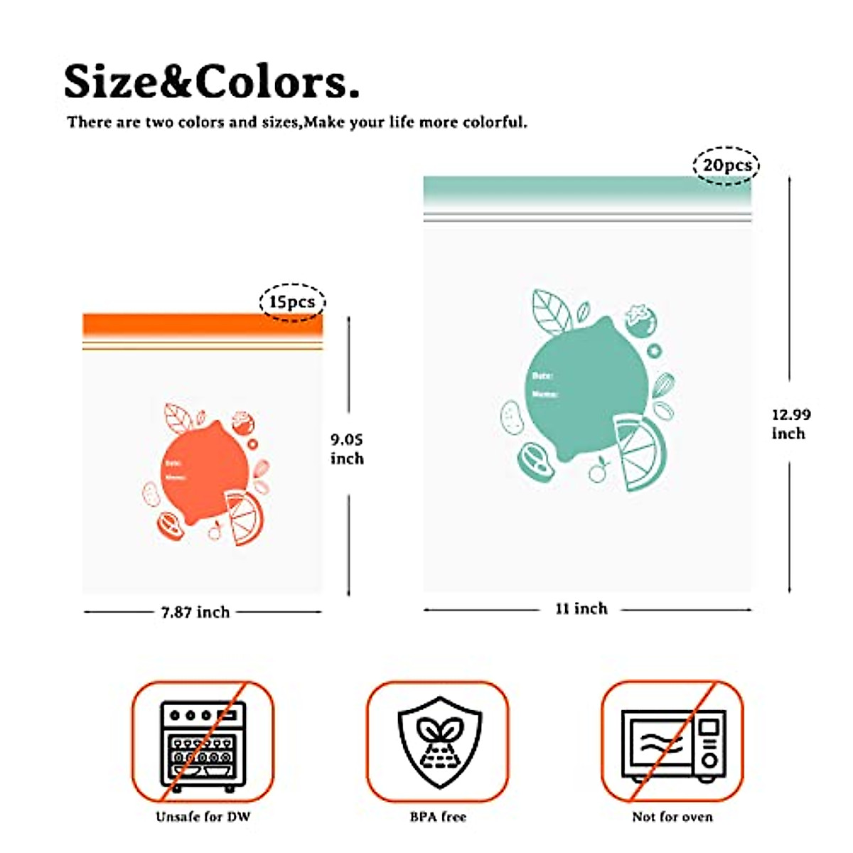 BRATA 15 PACK Reusable Storage Bags for food,BPA FREE Reusable Ziplock Bags Freezer Bags,Gallon Ziplock Bags for Liquid food Sandwich Meat Fruit Veggies Snack,Thaw in Microwave