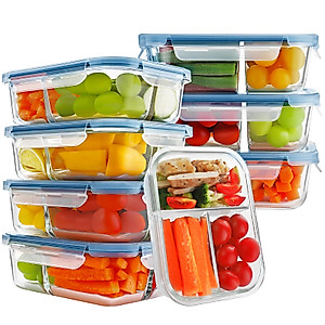 HOMBERKING 8 Pack Glass Meal Prep Containers 3 Compartment, 36oz Glass Food Storage Containers with Lids, Airtight Glass Lunch Bento Boxes, BPA-Free & Leak Proof (8 lids & 8 Containers) - Blue