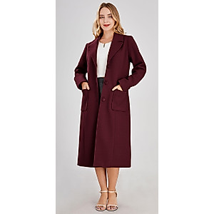 chouyatou Women's Big Notch Lapel Single Breasted Mid-Long Wool Blend Coat (Large, Wine Red)