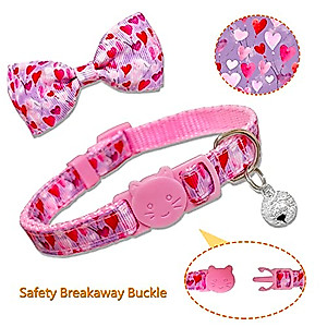 Valentine Bow Tie Cat Collar Set with Bell, Holiday Pink Heart and Heart Balloons Cat Collar for Boys and Girls Kitty Kittens