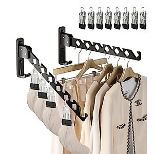 Wall Mount Coat Hanger Holder Black Clothes Drying Organizer Rack Garment Hooks Aluminium Retractable Folding Indoor Wall Mounted Hanger Space Saver for Laundry Room Bedroom Black 2 Pack with 8 Hooks