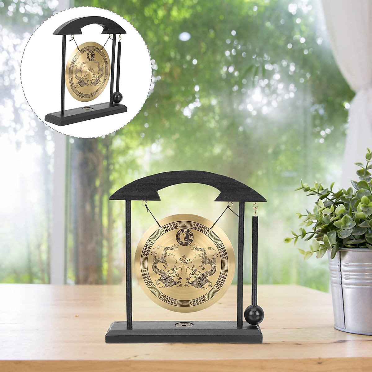 Yardwe Chinese Gong with Stand Gong Vintage Zen Table Gong Taiji Symbol Feng Shui Meditation Desk Bell Asian Gong Bell for Home Decoration