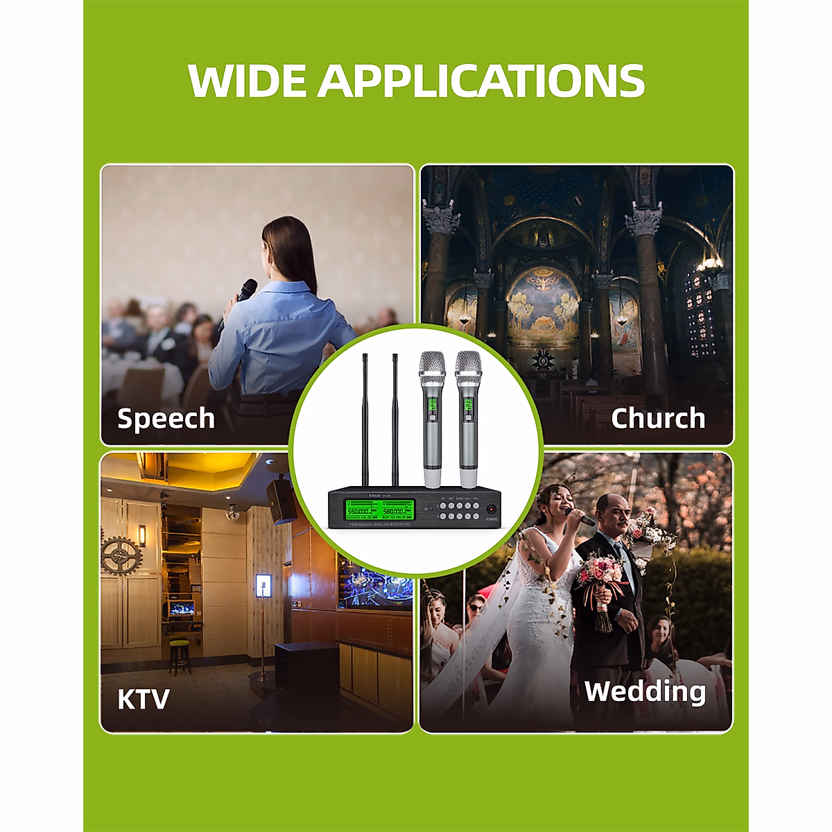 Kimyah Wireless Microphone System, All Metal Dual UHF Cordless Mics of Handheld, 328ft Range, Ideal for Church, Conference and Karaoke, DJ, Wedding(KY-8208)