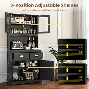 Giantex 67" Pantry Organizers, Freestanding Tall Buffet Cabinet with Hutch and 2 Drawers, Wooden Cupboard with Glass Doors, Storage Sideboard for Kitchen Bathroom Living Room (Black)