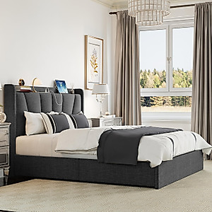 LIKIMIO Queen Bed Frame with Upholstered Headboard, Platform Bed with Storage Drawers and Outlets, Sturdy, Noiseless, No Box Spring Needed, Easy Assembly, Dark Gray