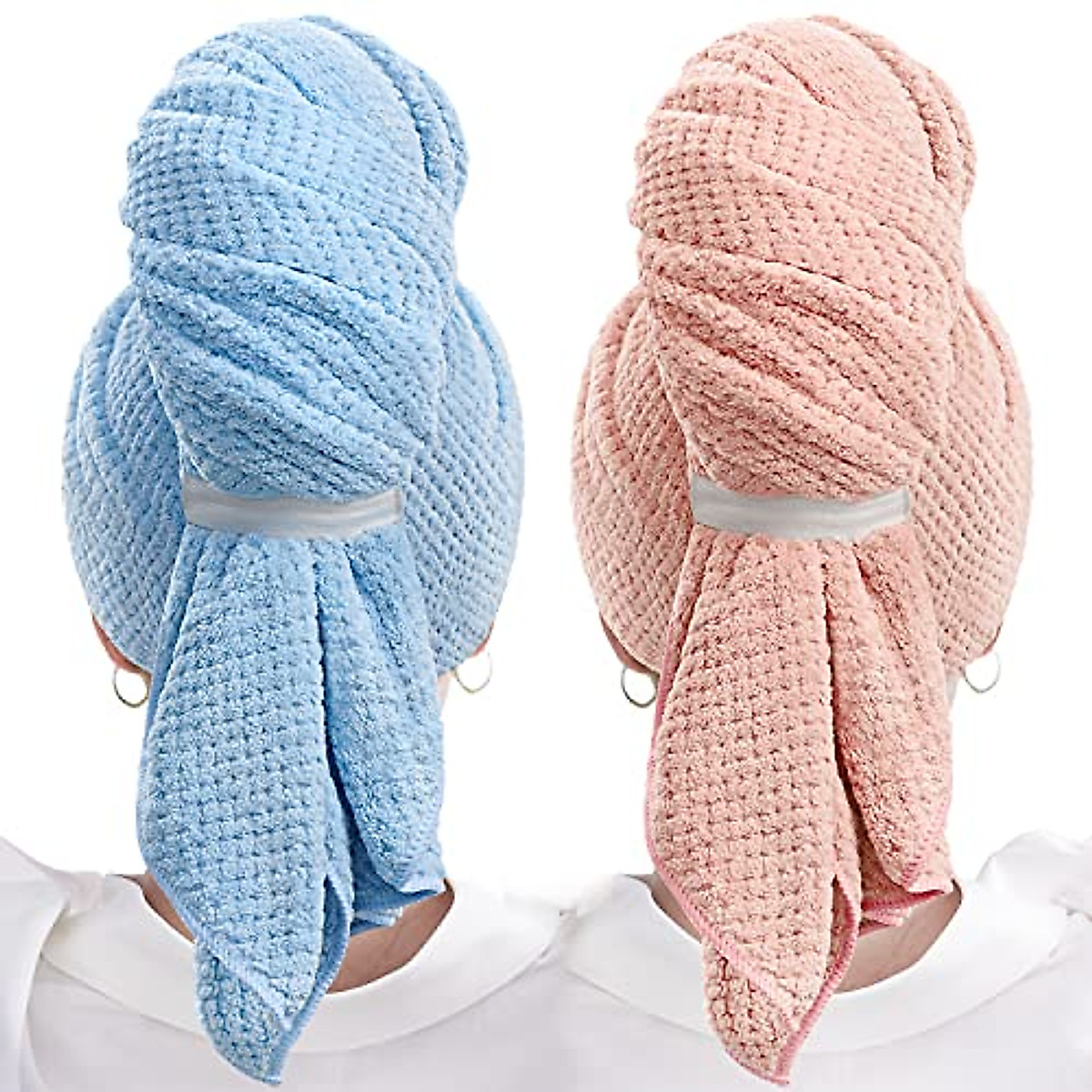Sucedul Large Microfiber Hair Towel Wrap for Women, 2 Pack Super Absorbent Hair Drying Towel, Anti Frizz Fast Drying Hair Turbans for Long, Thick, Curly Hair, Super Soft Hair Wrap Towels Blue Pink