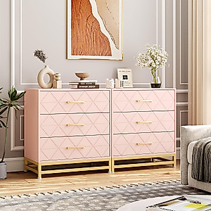 GarveeHome 3 Drawer Dresser, Wood Chest Drawers with Storage for Closet, Bedroom, Drawers Dresser Modern Bedside Nightstand with Gold Handles, Pink