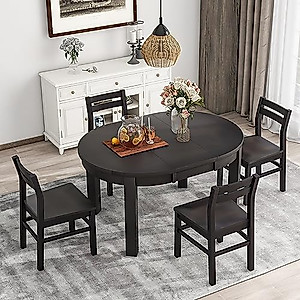 Lepfun 5 Piece Round 4 Wood Extendable Kitchen Set with Storage Drawers Farmhouse Dining Room Table and Chairs, 16" Removable Leaf, Espresso