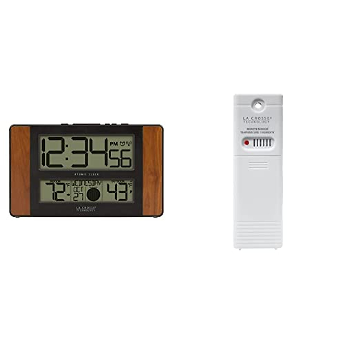 La Crosse Technology 513-1417CH-INT Atomic Digital Clock with Temperature and Moon Phase, 11.10"L x 1.14"W x 6.61"H, Cherry & TX141TH-BV4 Wireless Outdoor Thermo-Hygrometer Transmitting Sensor, White