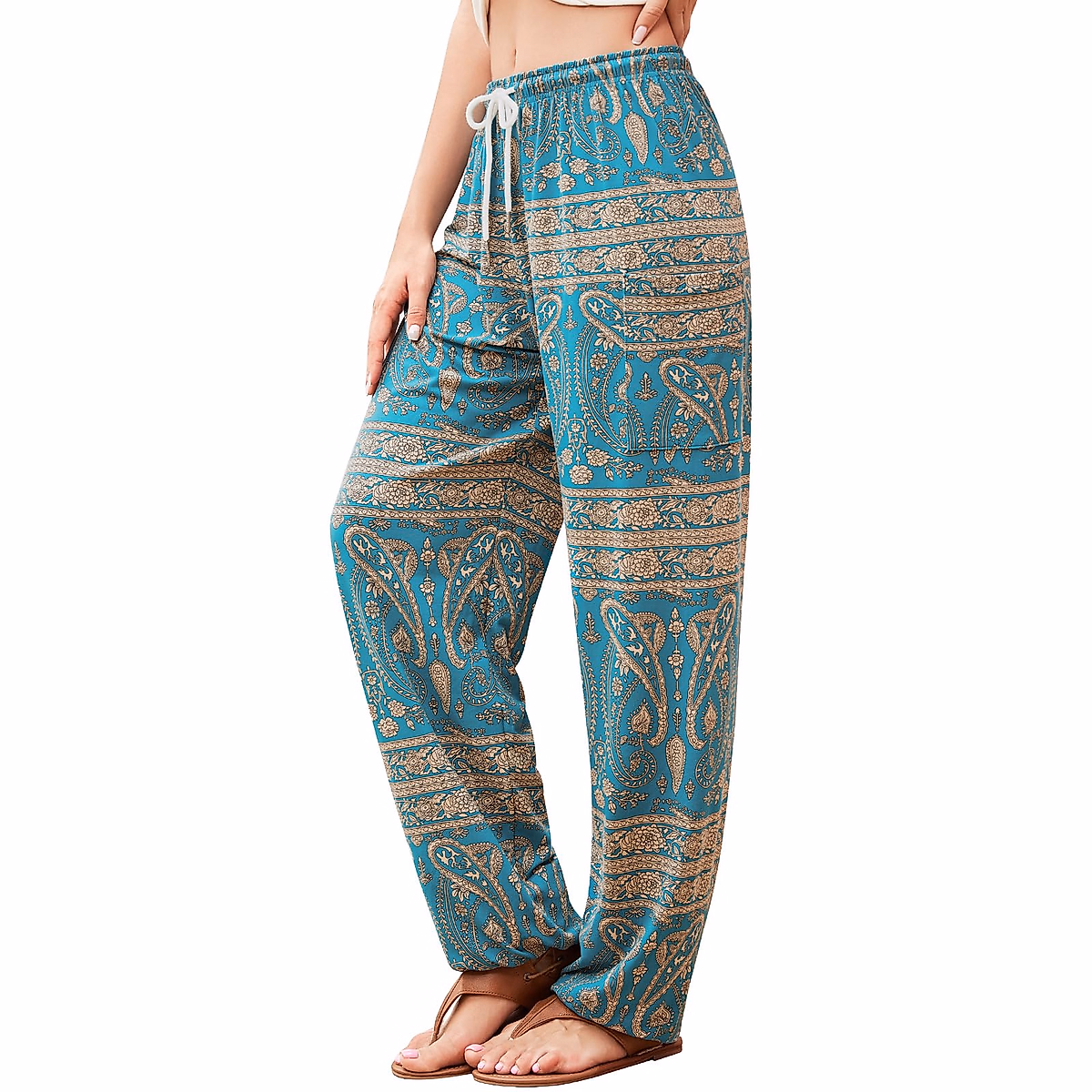 QIANXIZHAN Women's Harem Pants, Hippie Palazzo Pants Boho Joggers Yoga Clothes with Pockets Cyan Flower 2XL