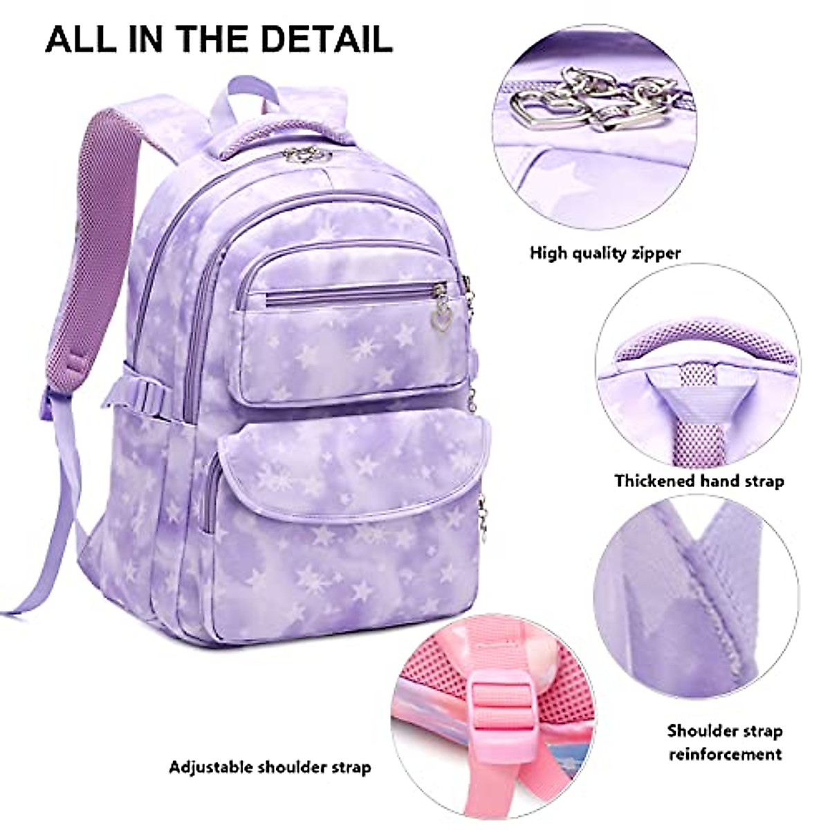 goldwheat Star Print Backpack With Lunch Pack Pencil Case 3pcs Sets For Elementary Students Knapsack and Teens