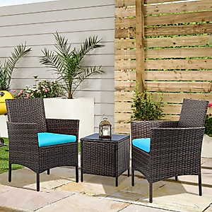 Devoko Patio Porch Furniture Sets 3 Pieces PE Rattan Wicker Chairs with Table Outdoor Garden Furniture Sets (Brown/Blue)
