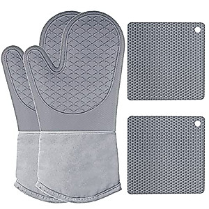 Win Change Oven Mitts Silicone Heat Resistant,Oven Mitts and Pot Holders Sets Soft Cotton Lining,Waterproof,Thick Gloves Pot Holders for Kitchen Baking Cooking,Pack of 4 (Agray)