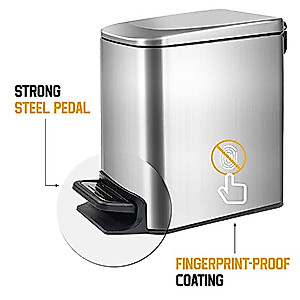 LINAN 6 Litter/1.6 Gallon Small Bathroom Trash Can with Lid Soft Close, Rectangular Garbage can for Office, Living Room, Kitchen and Bathroom, Brushed Stainless Steel