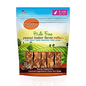 Canine Naturals Peanut Butter Chew - 100% Rawhide Free Dog Treats - Made with Real Peanut Butter - All-Natural and Easily Digestible - 6 Count of 2.5 Inch Mini Rolls for Dogs Under 20lb