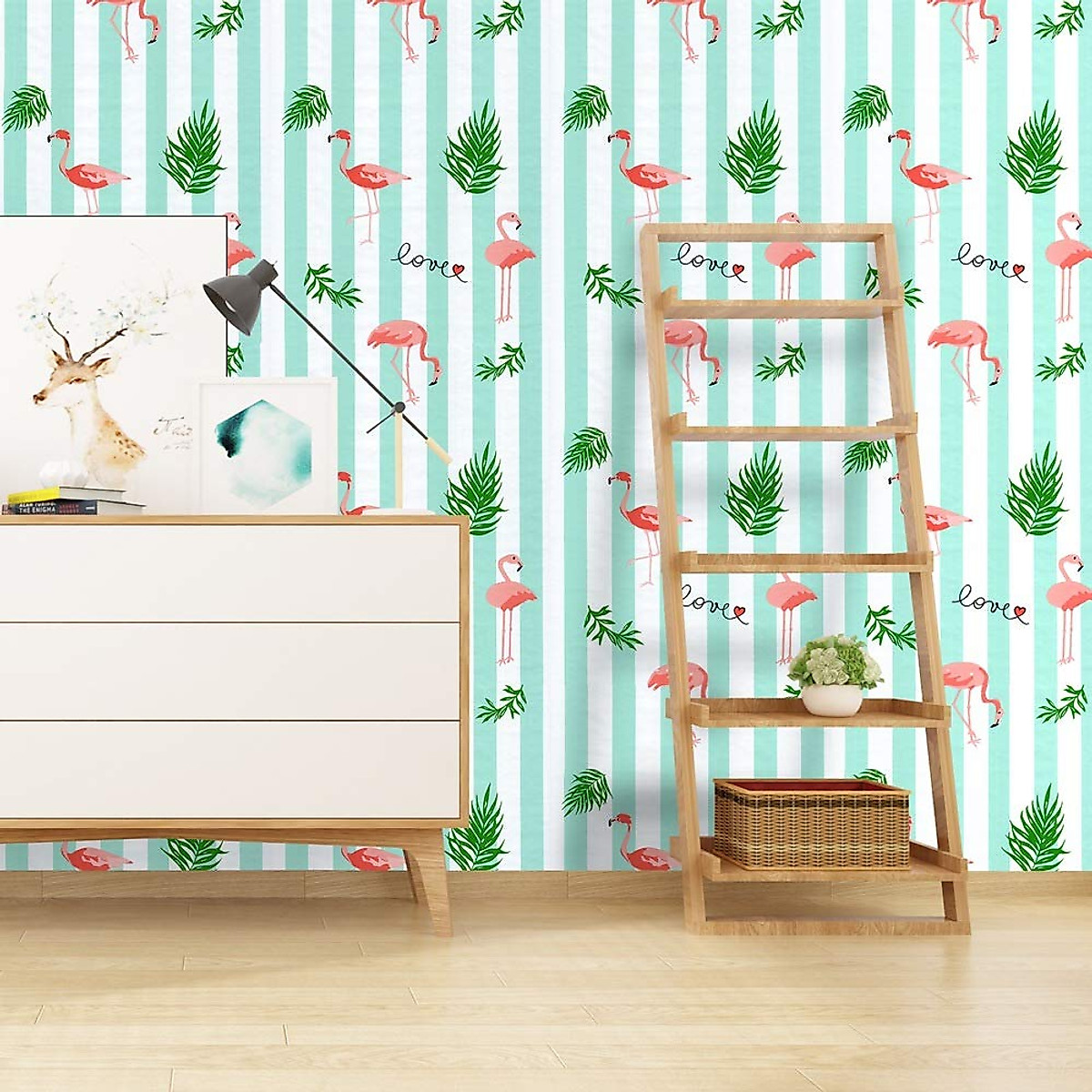 HOYOYO Vinyl Wallpaper Flamingos Palm Leaf Wallpaper Blue White Stripe Decorative Self Adhesive Liner Removable Wall Decoration for Bookshelf Closet Living Room Bedroom Dormitory Office 17.7''x118''