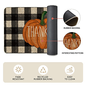 Artoid Mode Buffalo Plaid Pumpkin Turkey Thanksgiving Decorative Kitchen Mats Set of 2, Fall Home Low-Profile Floor Kitchen Rugs-17x29 and 17x47 Inch