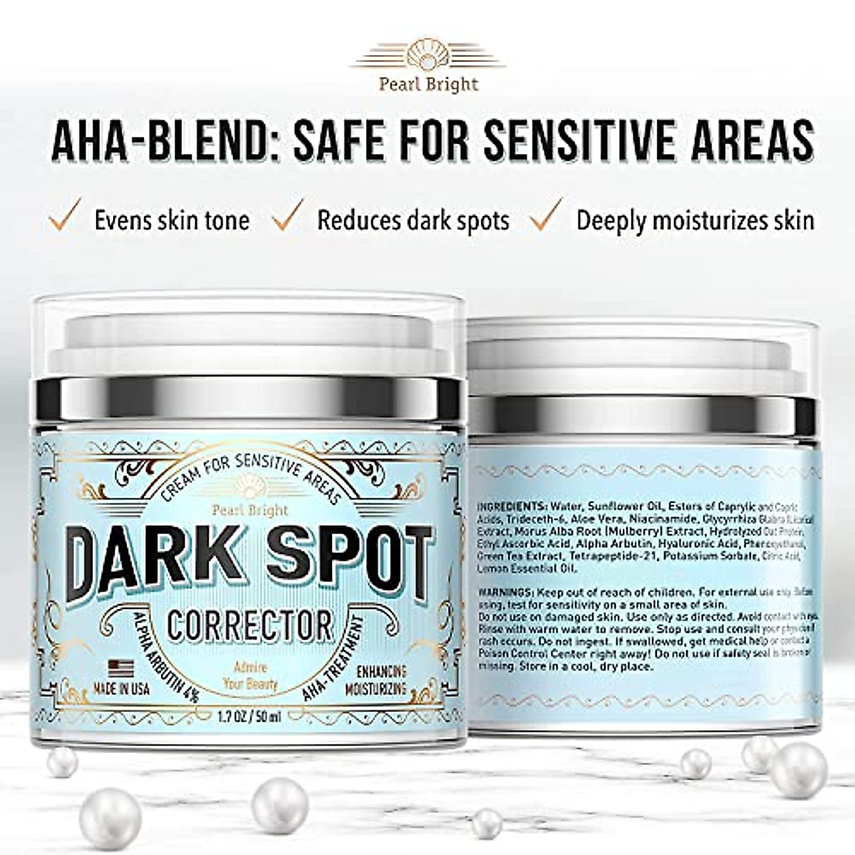 PearlBright Dark Spot Remover for Face, Body and Sensitive Areas - Natural Skincare for Underarms, Elbows & Privates - Made in USA - Dark Spot Corrector with Licorice, Mulberry Extract Arbutin, 1.7OZ