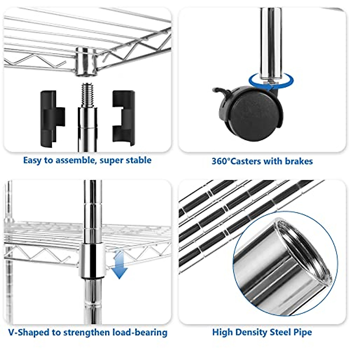 BATHWA 5-Shelf Wire Shelving Units, Sturdy Metal Shelf Chrome Organizer Wire Rack with 360° Wheels, Adjustable Utility Storage Shelves for Garage, Kitchen, Living Room, Bathroom, 23.2L x 13.8W x 72H