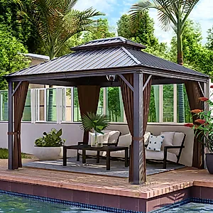 HAPPATIO 10' x 12' Hardtop Gazebo, Gazebo with Netting and Curtains, Double Roof Permanent Patio Metal Gazebo Canopy for Patio, Deck, Backyard (Dark Brown)