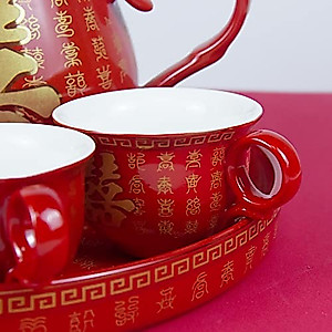 Kcgani Double Happiness Porcelain Red Wedding Tea Set Teapot, Chinese Traditional Wedding Decoration Supplies, Creative Ceramics Tea Service Set for Adults Ceremony Wedding Birthday Party Decor Gift