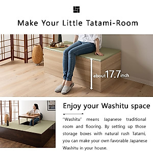 EMOOR Natural Tatami Storage Box Square (24x24in) (Oak), Wooden Furniture Rush Grass Japanese Lifestyle Igusa Slat
