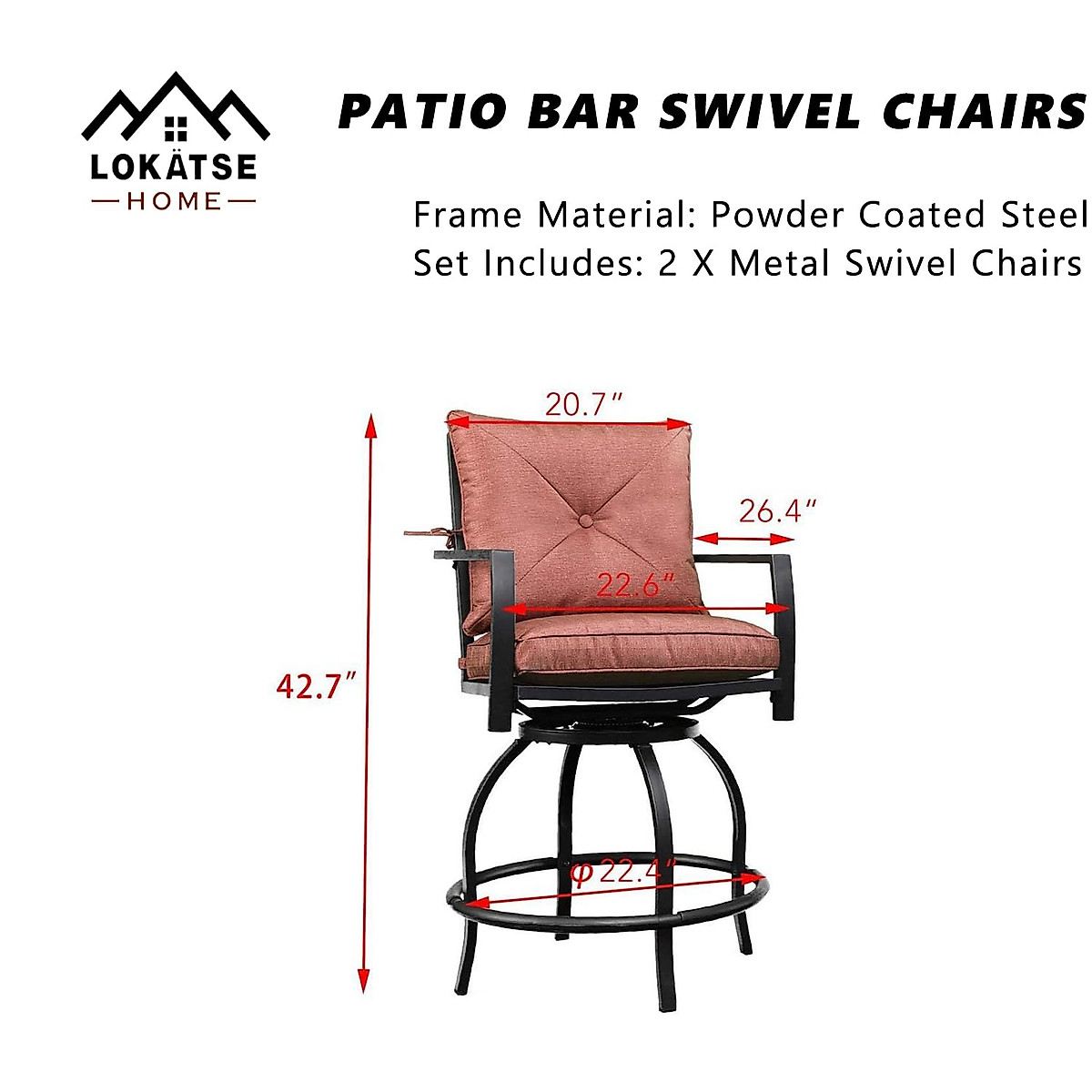 LOKATSE HOME Patio Height Set of 2 Outdoor Swivel Bar Stools with Seat and Back Cushions, 2 Chairs, Red