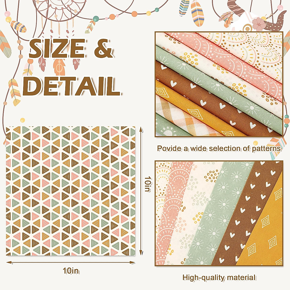 JarThenaAMCS 60Pcs Boho Cotton Fabric Bundles Boho Rainbow Heart Sun Fat Quarter Colorful Quilting Patchwork for DIY Handmade Sewing Crafting, 10 x 10 Inch