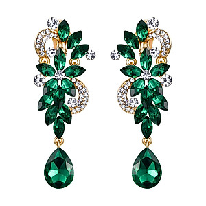 BriLove St Patricks Day Earrings Wedding Bridal Clip On Earrings for Women Bohemian Boho Crystal Flower Chandelier Teardrop Bling Long Dangle Earrings Emerald Color Gold-Toned