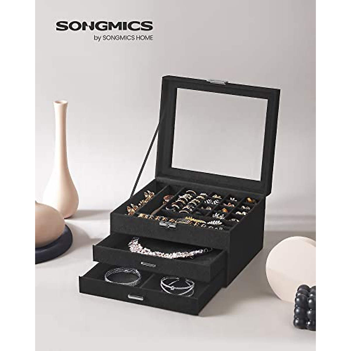 SONGMICS Jewelry Box, Lockable Jewelry Storage Organizer, Jewelry Case with Glass Window, for Rings, Earrings, Studs, Bracelets, Necklaces, Black UJBC158B01