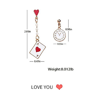 Asymmetric Clock Poker Dangle Earrings Playing Cards Stud Earrings Red Hearts A Dangle Earrings Alarm Clock Drop Stud Earrings for Women Unique Jewelry Gift (Black)