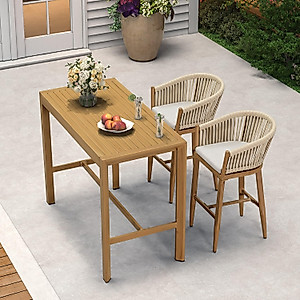 PURPLE LEAF 3 Pieces Outdoor Bar Height Stools Set Patio Aluminium Modern Wicker Bar Chairs and High Top Bar Table for Balcony Garden Indoor Kitchen Poolside Teak