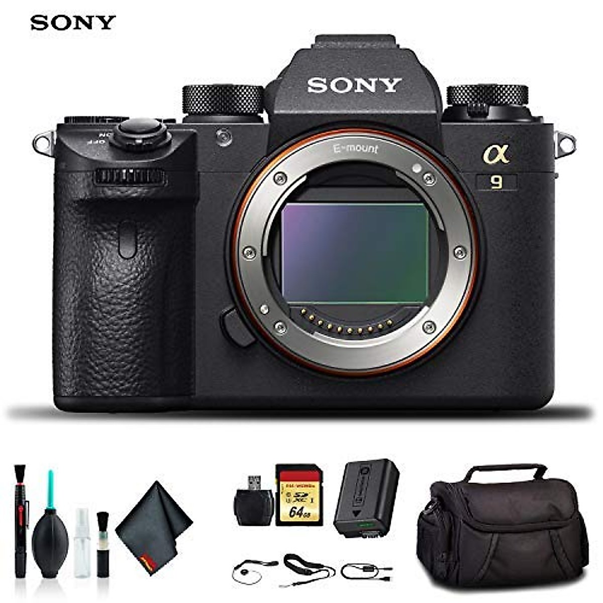 Sony Alpha a9 Mirrorless Camera ILCE9/B with Soft Bag, 64GB Memory Card, Card Reader, Plus Essential Accessories