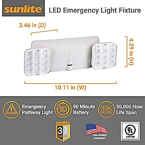 Sunlite 05268-SU LED Emergency Light Fixture, 2.4 Watts, 120-277 Volt, Dual Heads, 90-Minute Battery Backup, Wall or Ceiling Mount, IP20, UL Listed, White